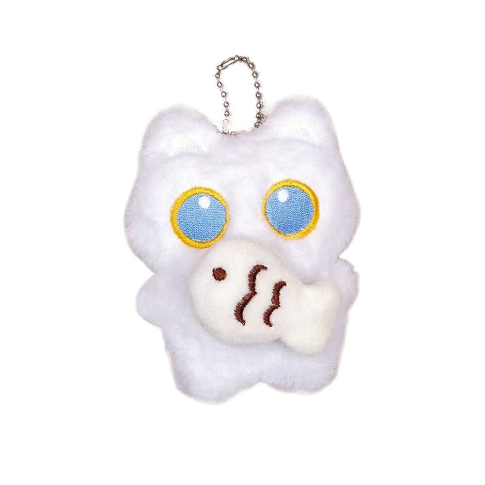 Мягкая игрушка пищащий кот с большой рыбой, милый подвесной брелок с большими глазами, плюшевый котенок черный или белый для сумки и ключей