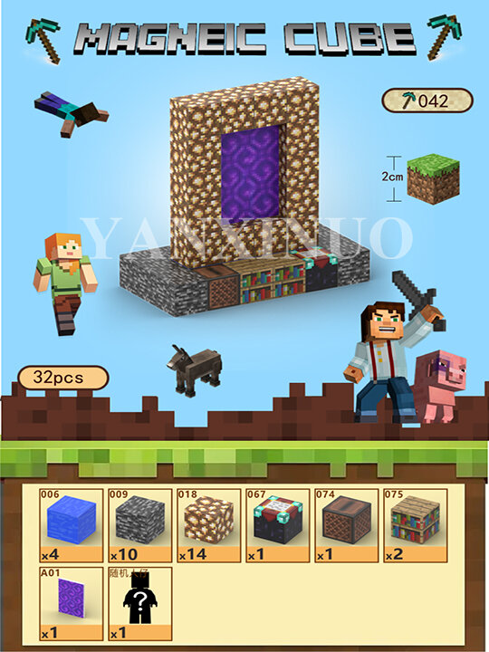 Магнитный конструктор Майнкрафт(Minecraft)/Комплект из 32 магнитных блоков и 1 фигурки