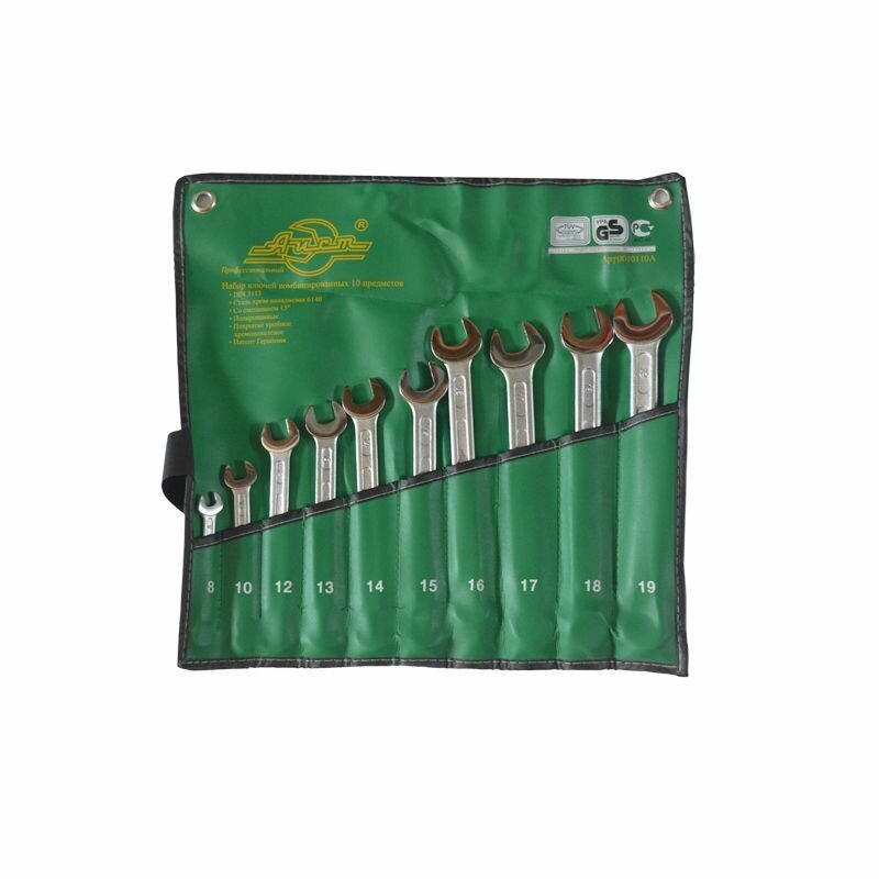 Набор гаечных ключей комбинированных 8-19мм 10 предметов в чехле скрутке AIST 0010810AX рожково-накидных увеличенный угол смещение 45 градусов