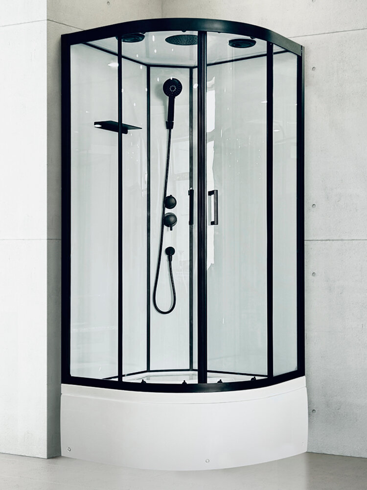 Душевая кабина Royal Bath FATO 90x90x215 прозрачное стекло 5 мм, белая стенка, профиль чёрный, поддон средний