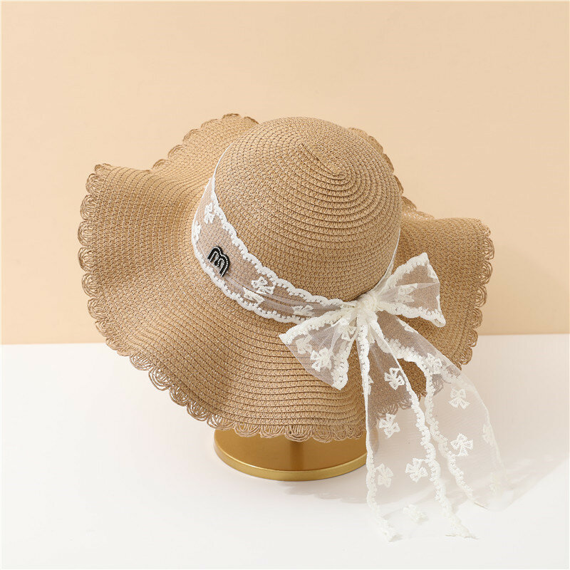 Новая летняя солнцезащитная соломенная шляпа, большая пляжная шляпа, женская уличная шляпа от солнца с большими полями, кружевные ленты с полями, морская волна