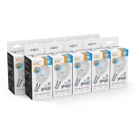Светодиодная лампа Gauss Лампа Basic Шар 7W 470lm 3000K-4000K-6500K Е14 изм. цвет. темп. LED 1/10/100