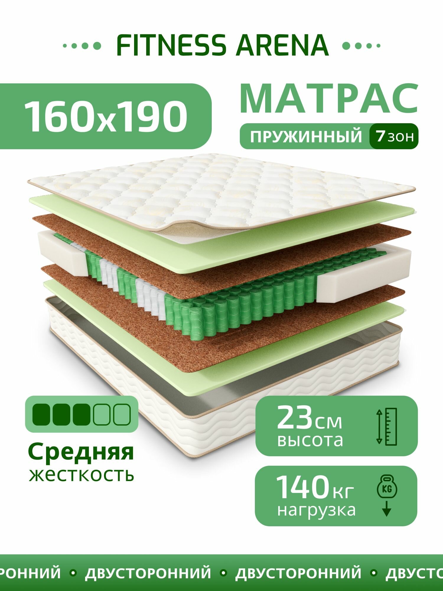 Матрас ортопедический пружинный 160х190 см Fitness Arena, независимые пружины, высота 22 см, 1 шт, белый
