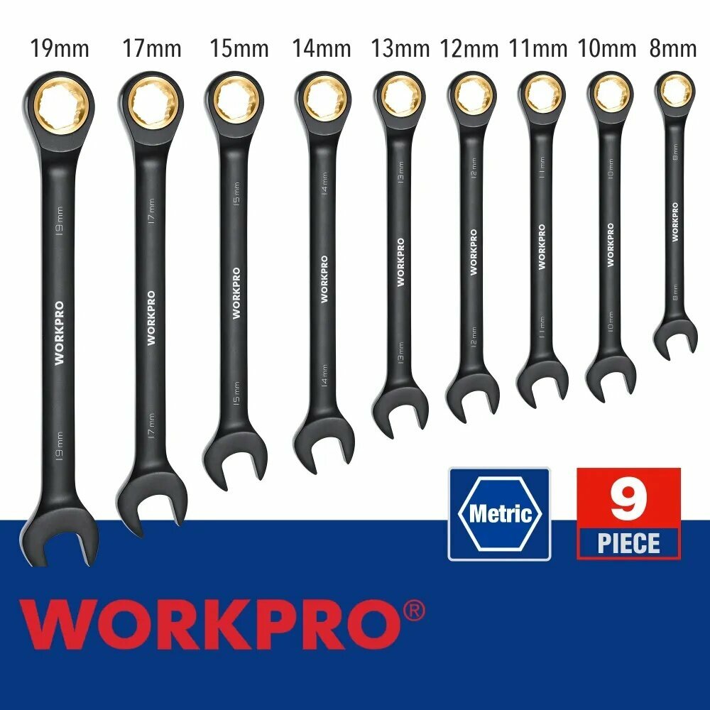 WORKPRO Набор из 9 противоскользящих комбинированных ключей с храповым механизмом