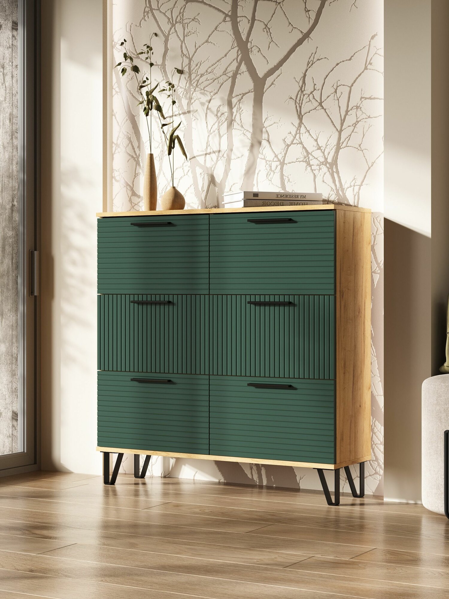 Обувница Флэш 1000х1030х300 (Браш Мени Грин/ Дуб Крафт) МИФ