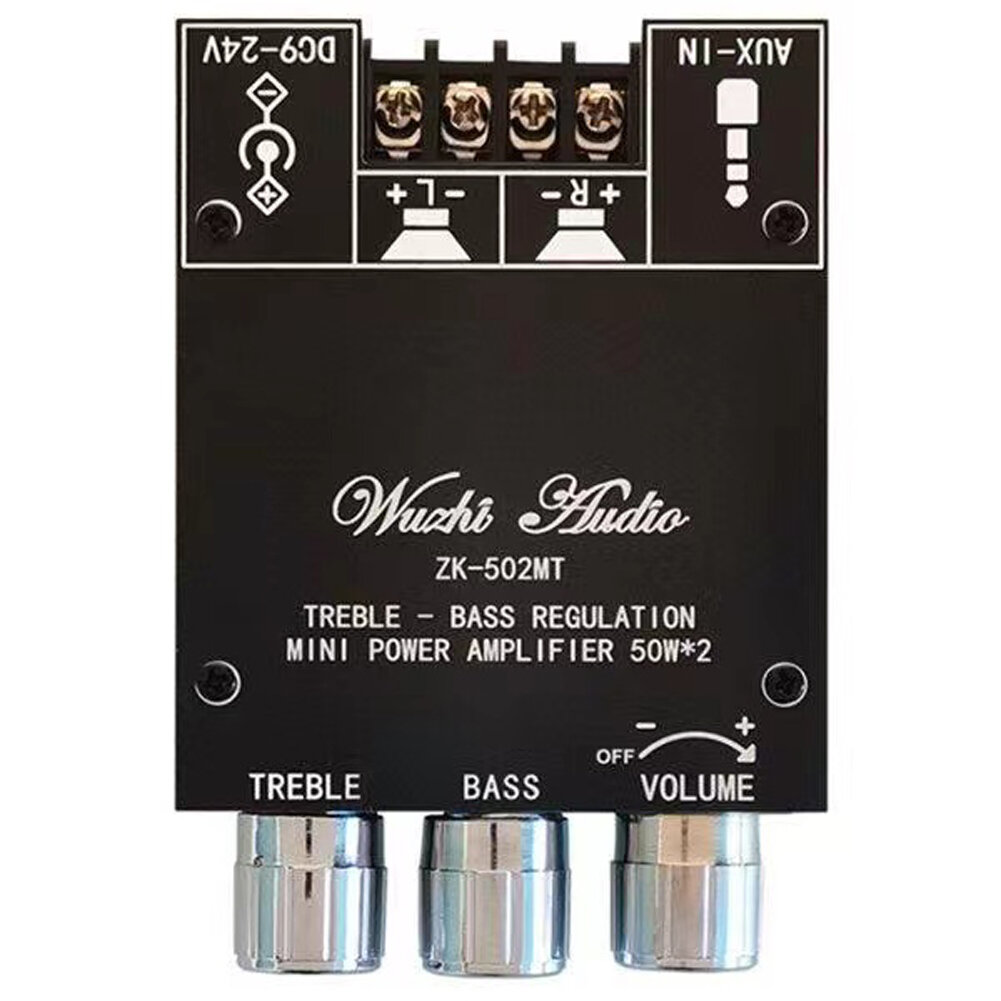 Модуль усилителя звука ZK-502MT 2.0-канальный с поддержкой BT 5.0 и AUX, регулировка высоких, низких частот и громкости, DC9-24V, 4-8Ω, 15-100W, 89*60*21mm