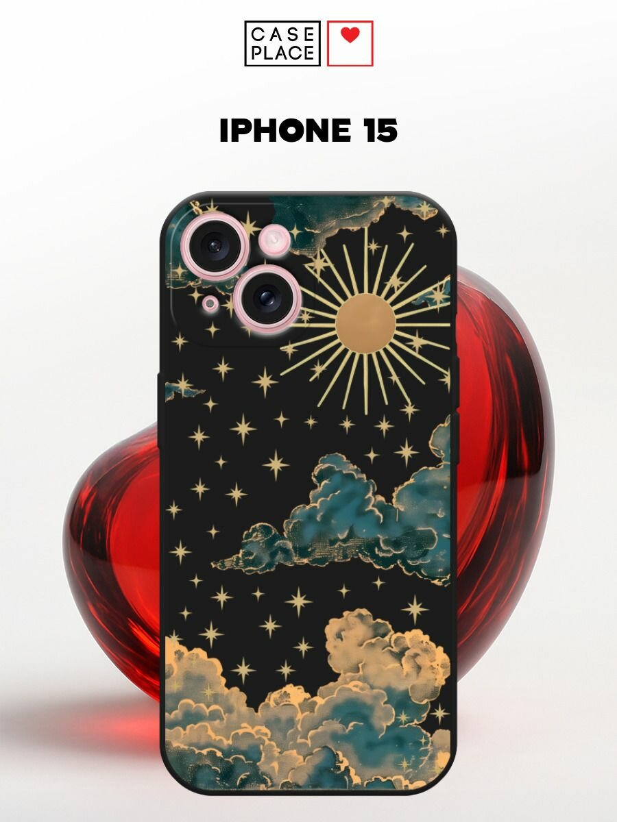 Черный матовый чехол на Apple iPhone 15 / Айфон 15 с принтом Звездное небо