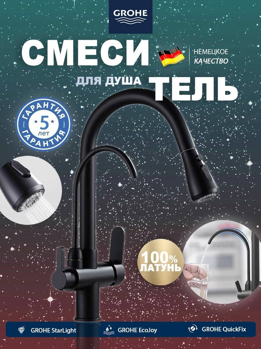 GROHE Кухонный смеситель с выдвижным изливом и краном для питьевой воды.