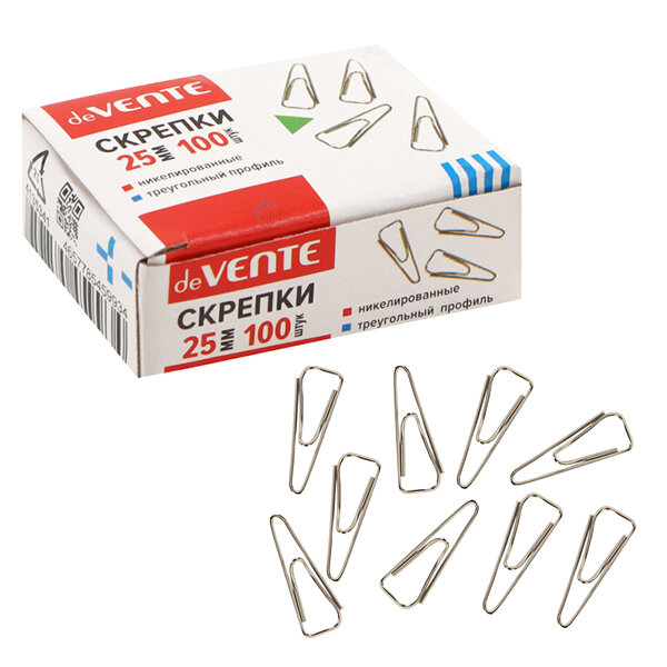 Скрепки "deVente", 25 мм, никелированные, треугольные, 100 штук в картонной коробке, количество: 10 штук