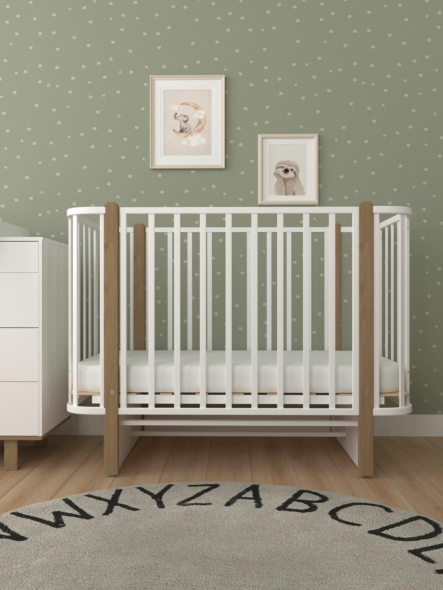 Приставная детская кроватка для новорожденного с маятником Мультик, 120х60, Белый/Бук