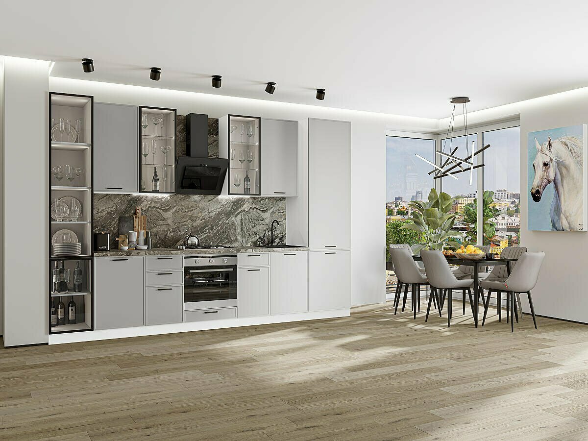 Кухня 3,4 м. со столешницей, полки стекло, Фрейм-06 2340*3400*600 Grey Silk