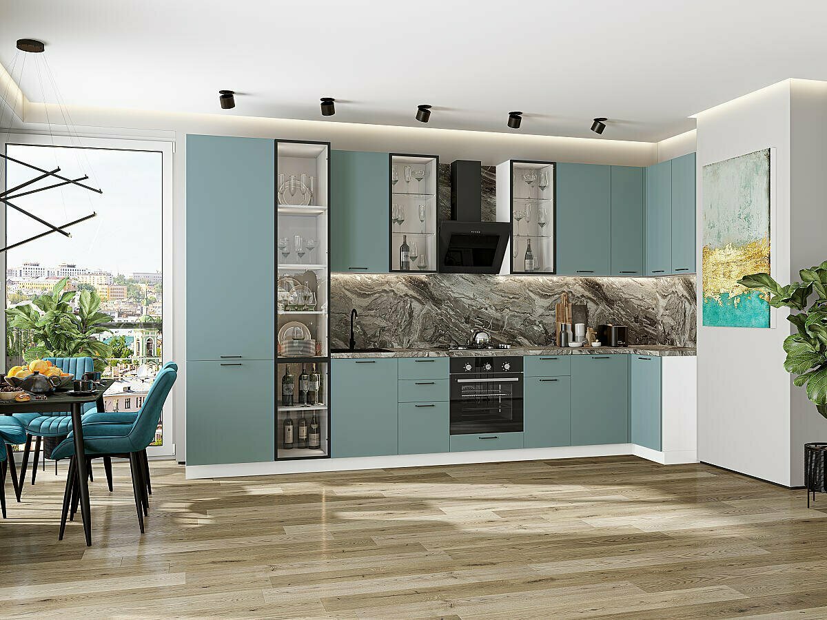 Кухня 4 м. угловая Флэт-05 Готовый кухонный гарнитур полки стекло 2340*4000-1000*600 Grey-green In 2S