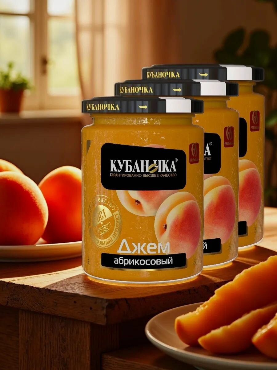 Джем Кубаночка "Абрикосовый", натуральный, без ГМО, 3 баночки по 300г