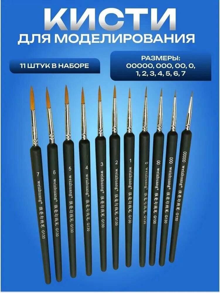 Набор кистей для моделирования миниатюр "Миниатюра" ,11 шт, Благодаря щеткам различных размеров он очень подходит для изысканной работы