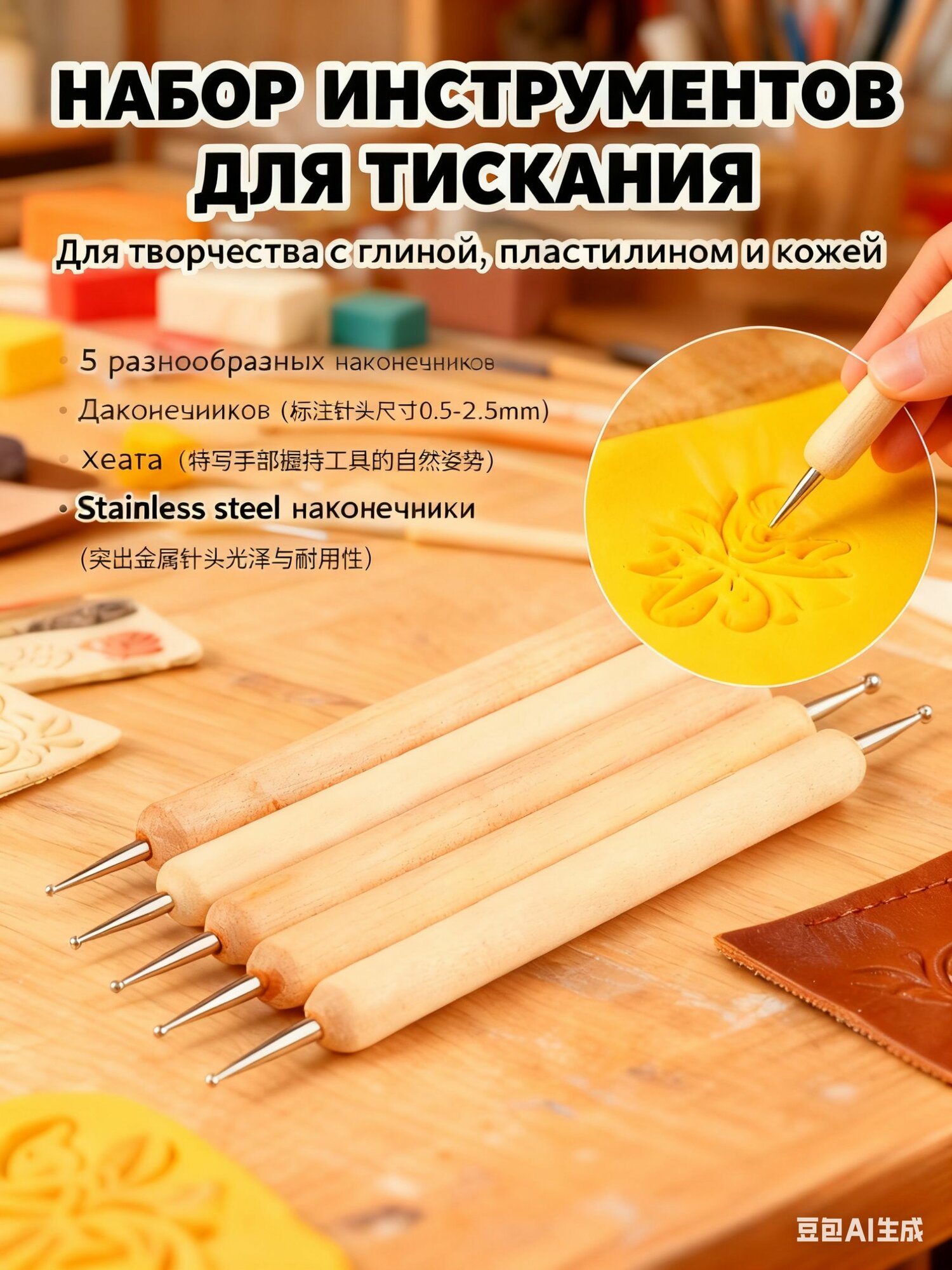 Набор кардин (5шт в комплекте), стилусы для тиснения по коже/Набор для творчества