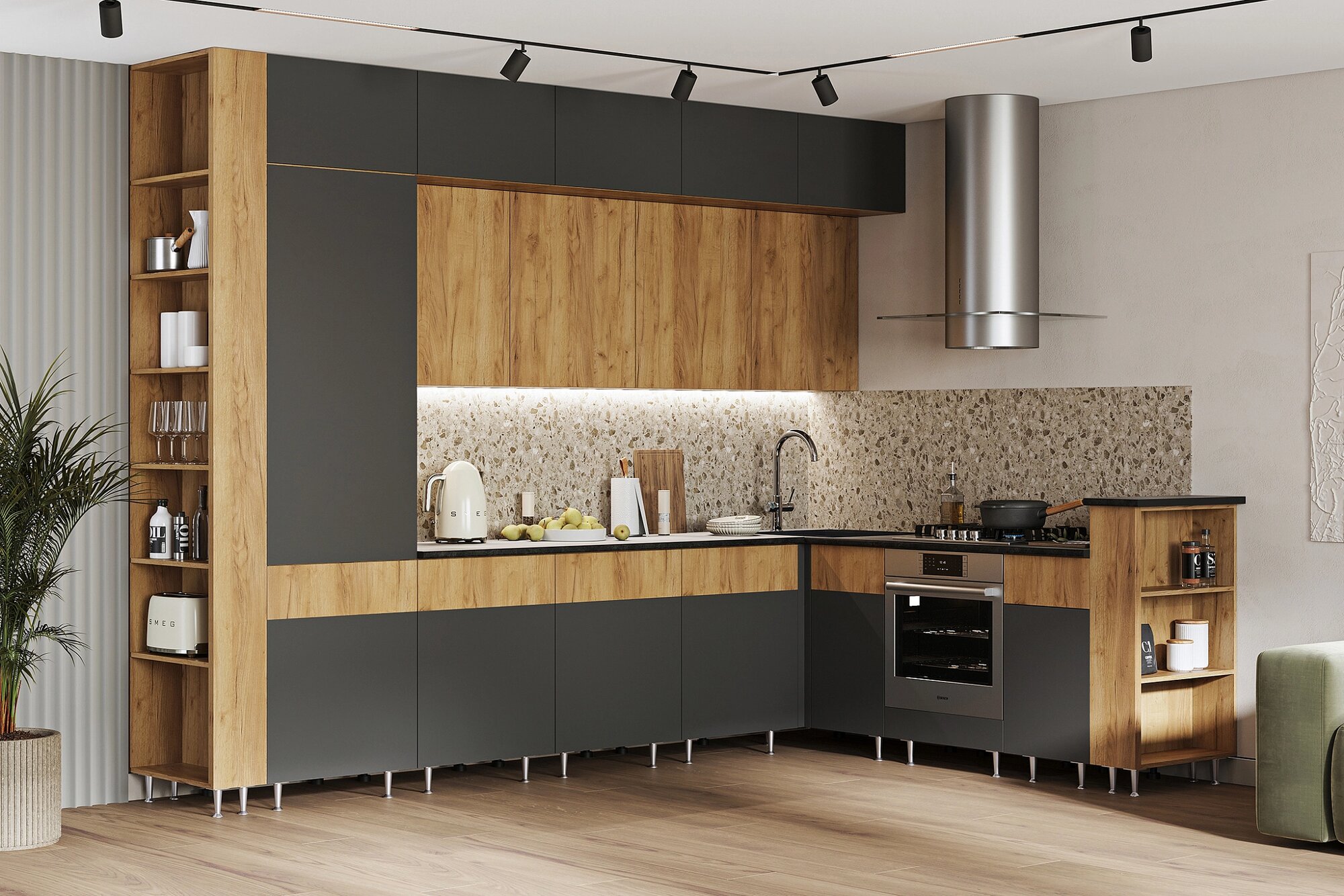 Кухня Техно-5 3,2*2,24м (490) (Дуб Крафт/Графит софт NEW, Дуб Крафт (Кастилло темный))