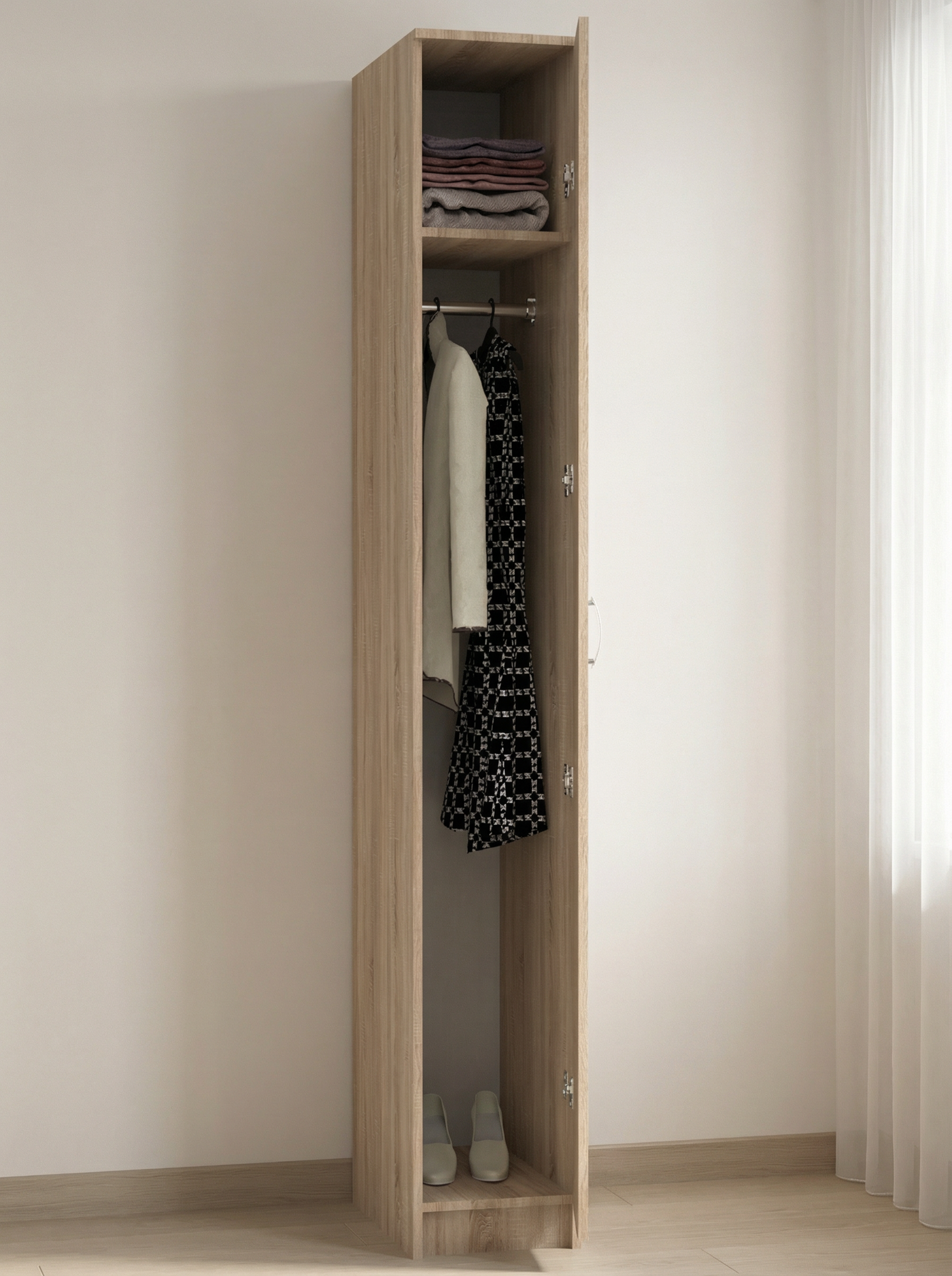 Узкий шкаф-пенал для прихожей Шелли-13 со штангой для вешалок, ШхГхВ: 30х50х210 см