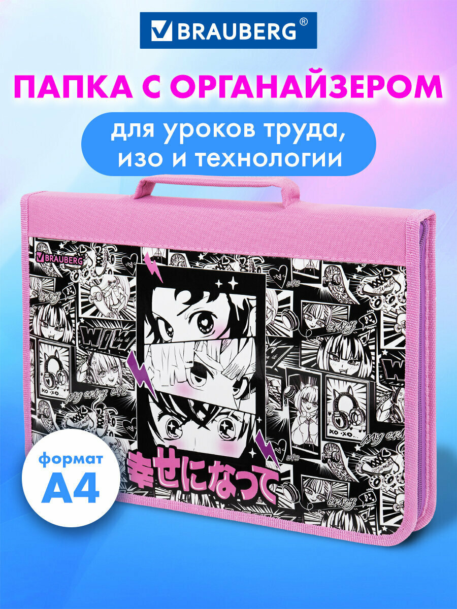 Папка для тетрадей, труда, рисования и изо А4 для девочек на молнии с ручкой, канцелярия для школы аниме, органайзер 1 отд, Brauberg Anime, 272216