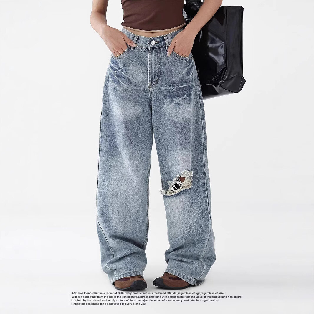 JYL Джинсы Парные Винтажные Изношенные Слабоносые Кроп Широкие Ноги Деним, Размер_L