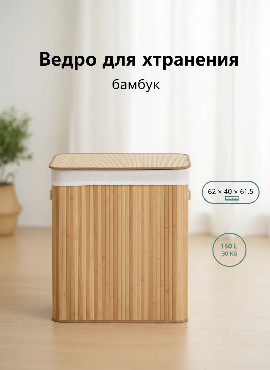 Корзина для белья，150Л，Бамбуковый тканый материал，Светло-коричневый