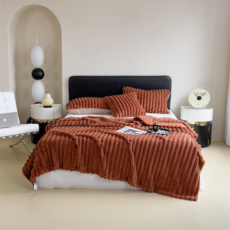 2025 Полосатое Плюшевое Одеяло из Кроличьего Меха Многофункциональное Одеяло Осень Зима Высоковесное Фланелевое Одеяло для Офиса Одеяло для Дивана Кросс-Бордер Дропшиппинг