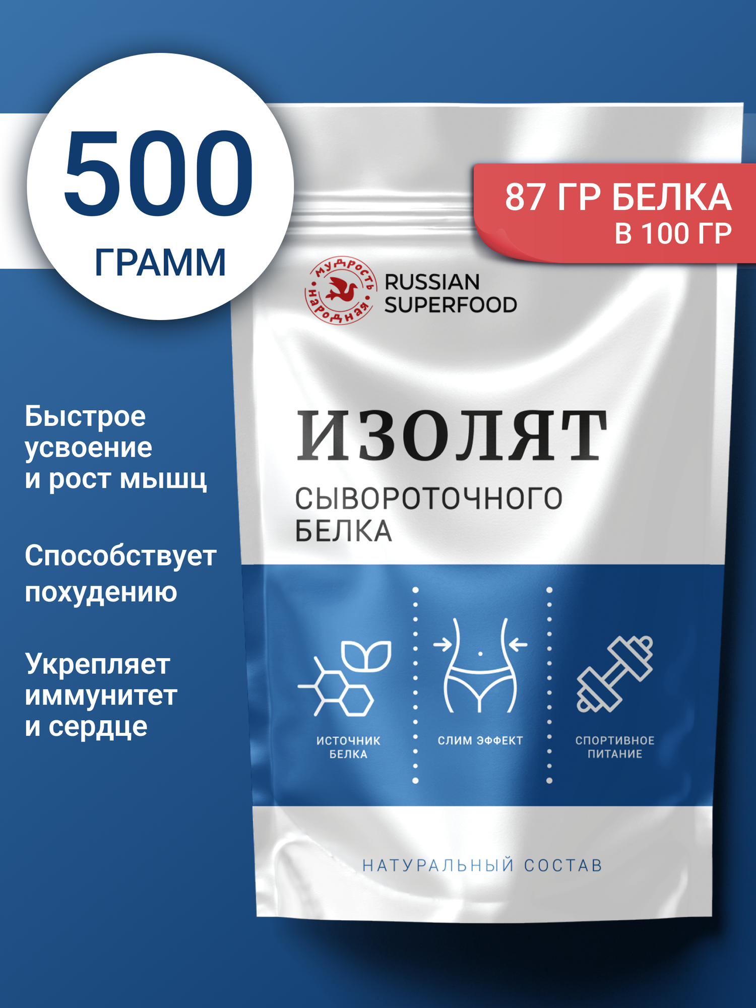 Протеин сывороточный, для набора мышечной массы или похудения,500 г. Натуральный, без добавок, без вкуса, без сахара