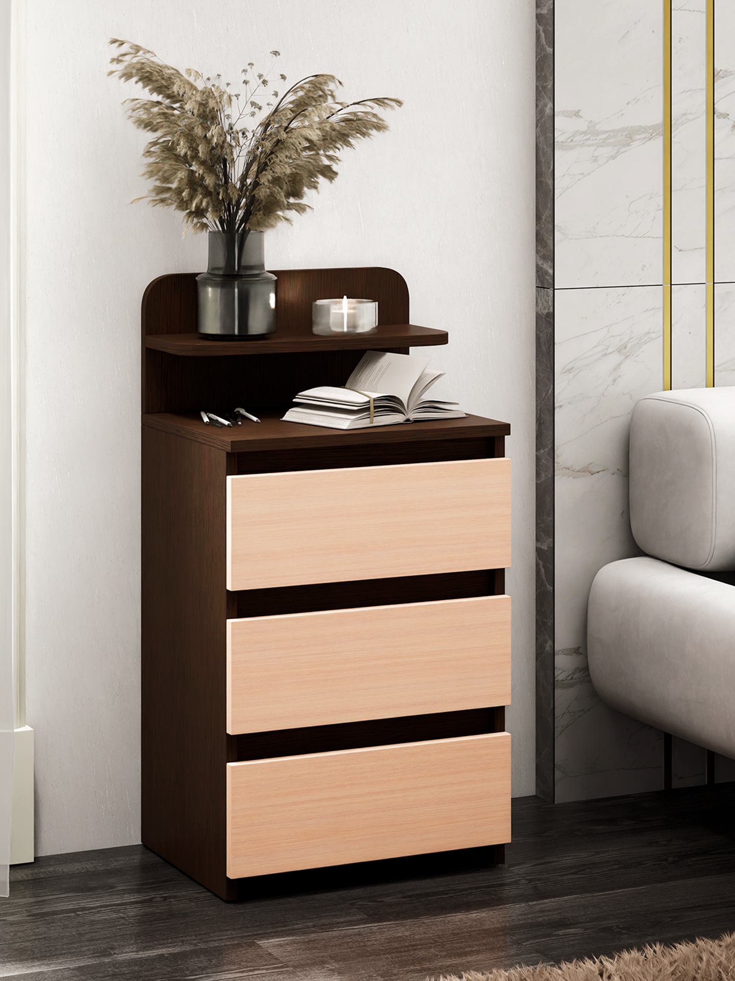 Тумба MFMaster "Vitto-132", венге-дуб молочный, ЛДСП, 40x32,7x74,9 см, 3 ящика, роликовые направляющие