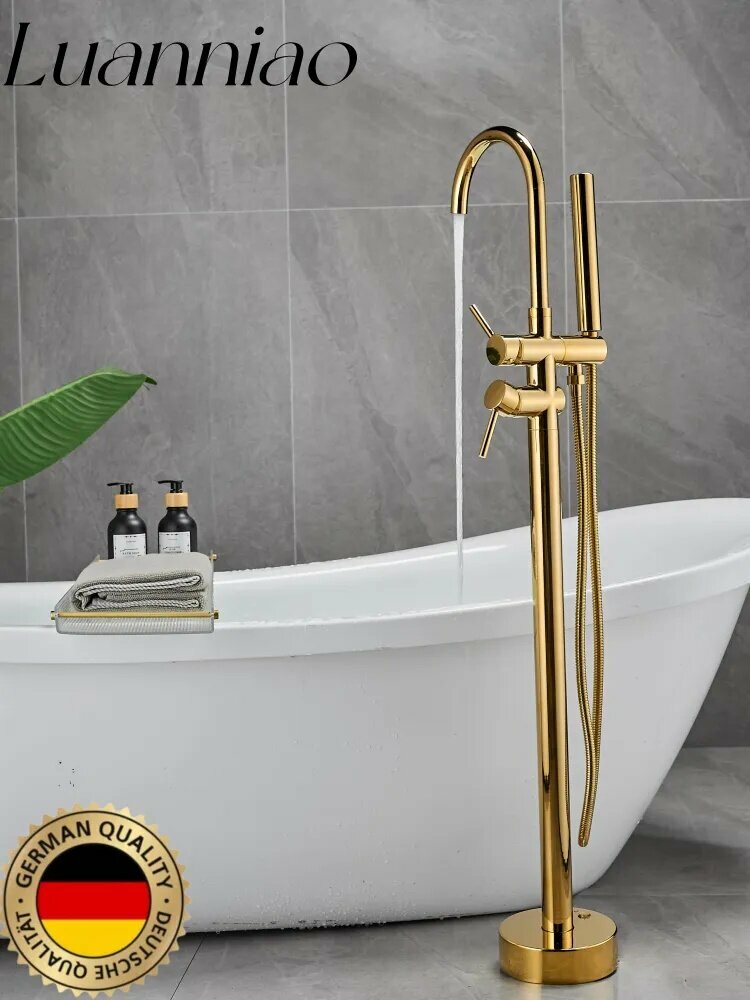 Напольный смеситель для ванны. Luanniao 3001 Смеситель с душем из латуни, блестящий золотой