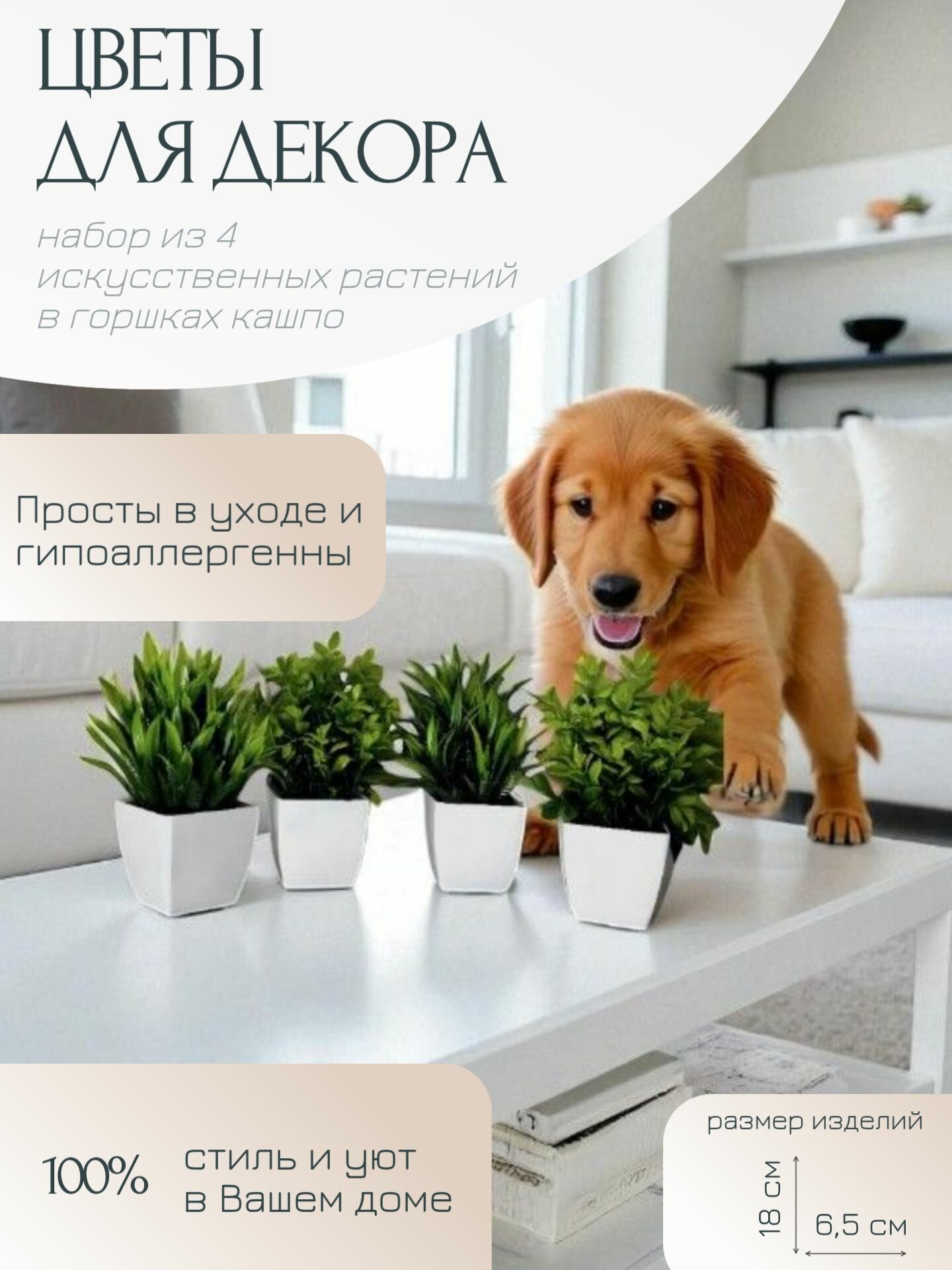 Искусственные цветы PrimeParts, в горшках, кактусы и суккуленты, 2 вида по 2 шт, 18 см