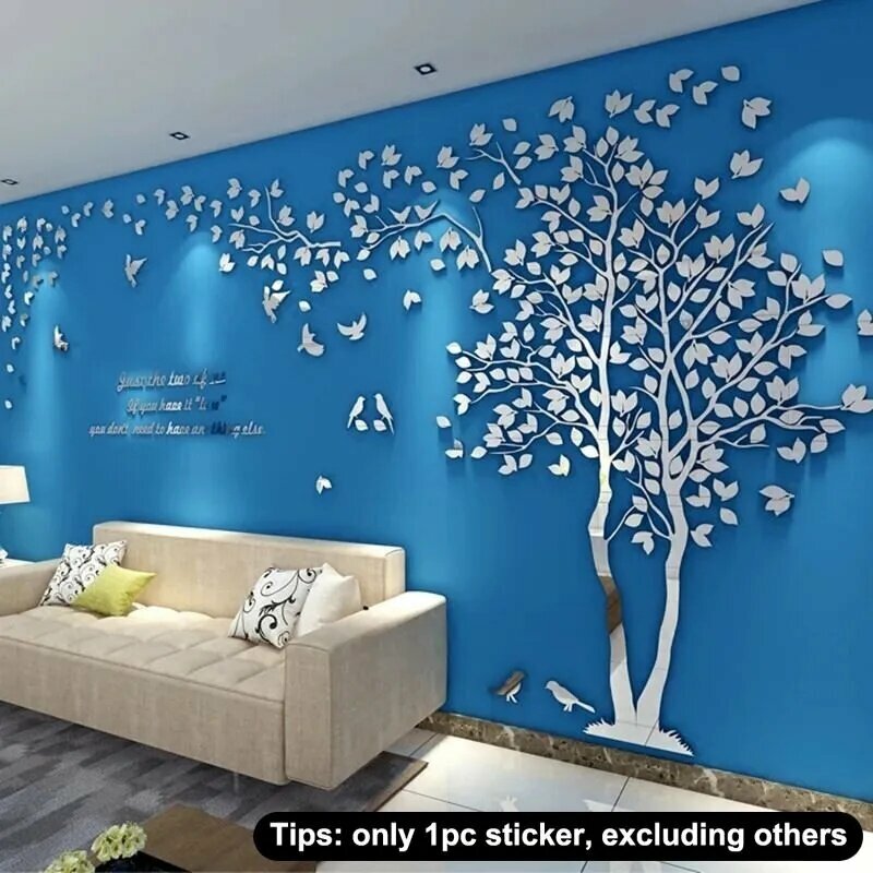 Объемные наклейки на стену с изображением большого дерева и птицы из хрусталя подходят для декорирования дивана и телевизора в гостиной