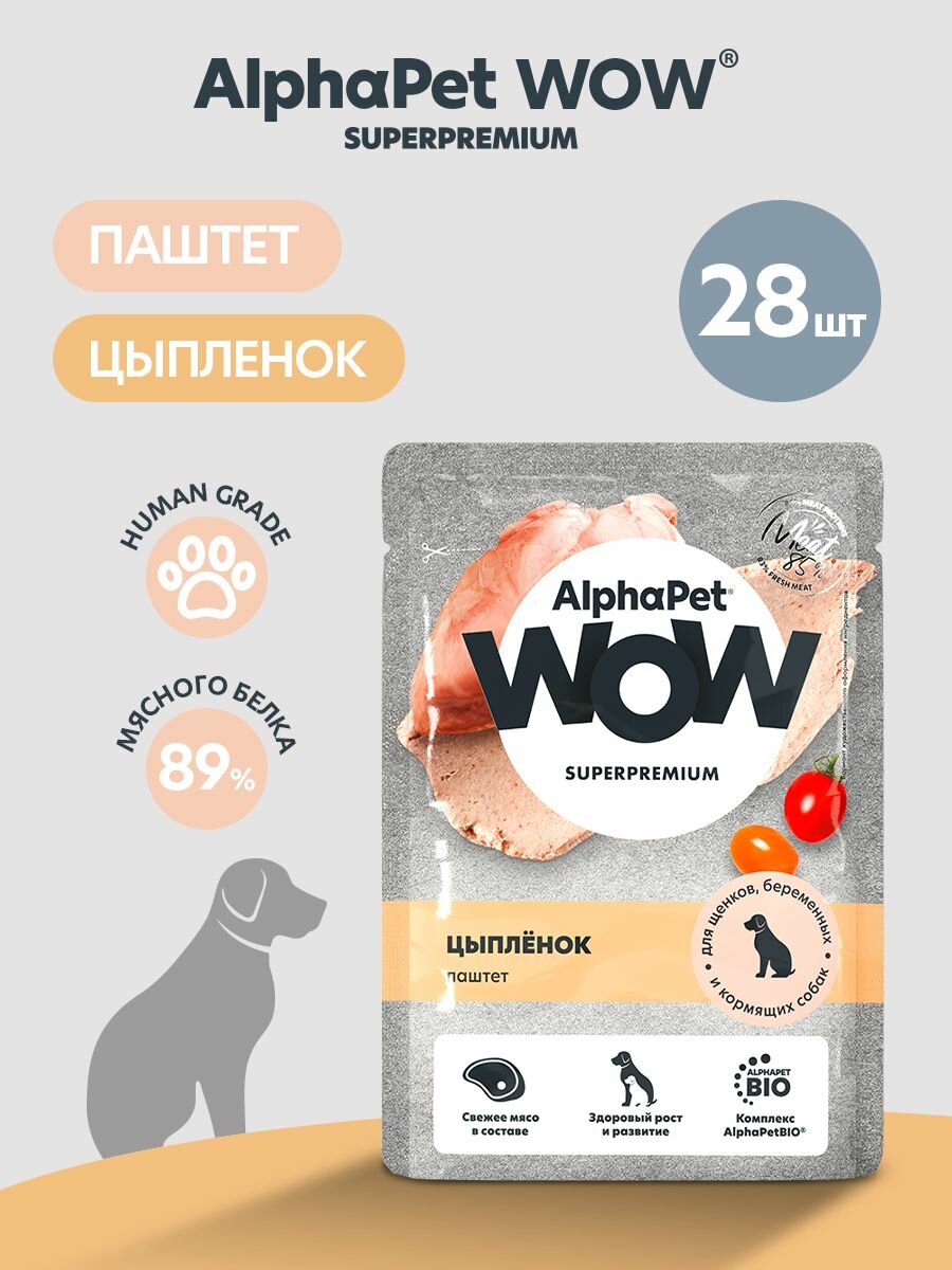 Влажный корм AlphaPet WOW, для щенков и кормящих/беременных собак, с цыпленком, 28шт.