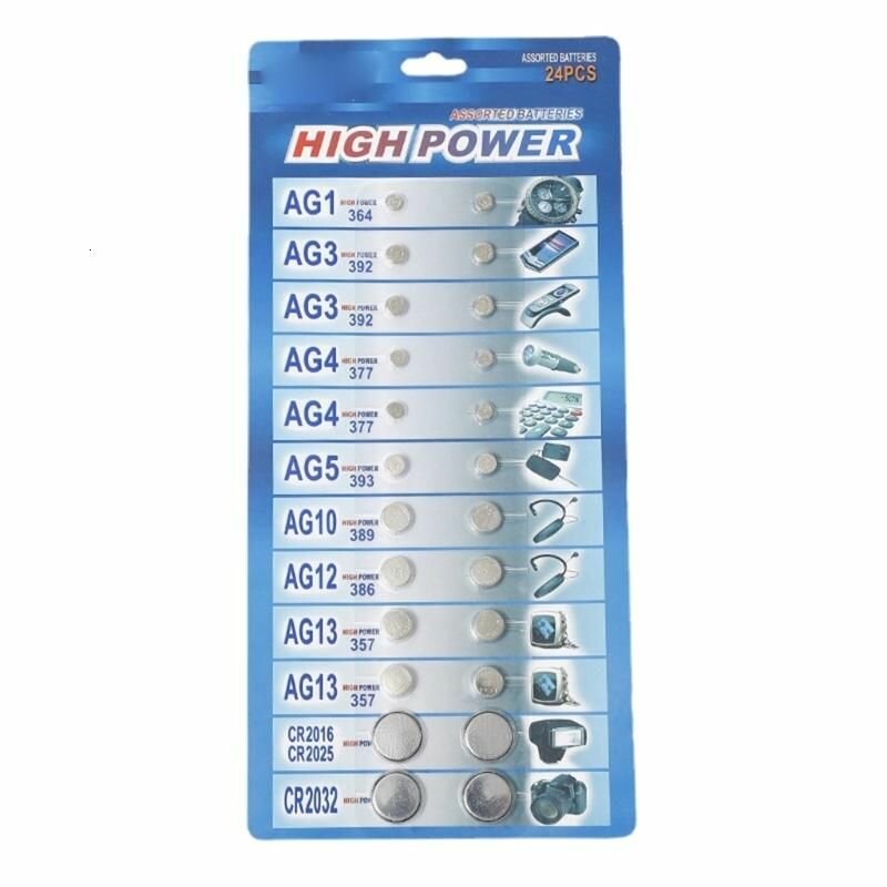 24 шт. набор батареек AG1/AG3/AG4/AG5/AG10/AG12/AG13 для часов, камер, CR2016 CR2025