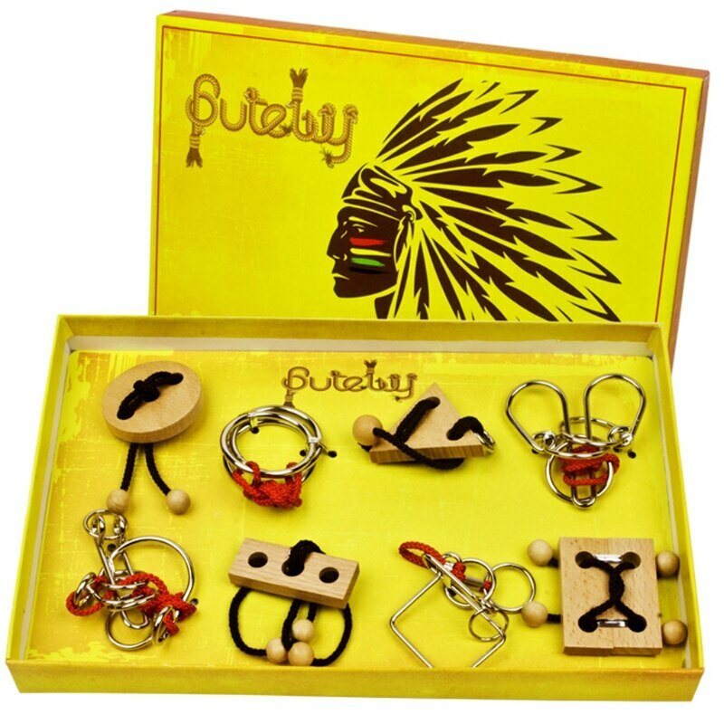 8шт металлическая провода деревянный набор головоломки IQ сердце мозг Тизер ссылка разблокировать блокировку игры подарок детям образование взрослых Chall модель строительный набор (желтый)