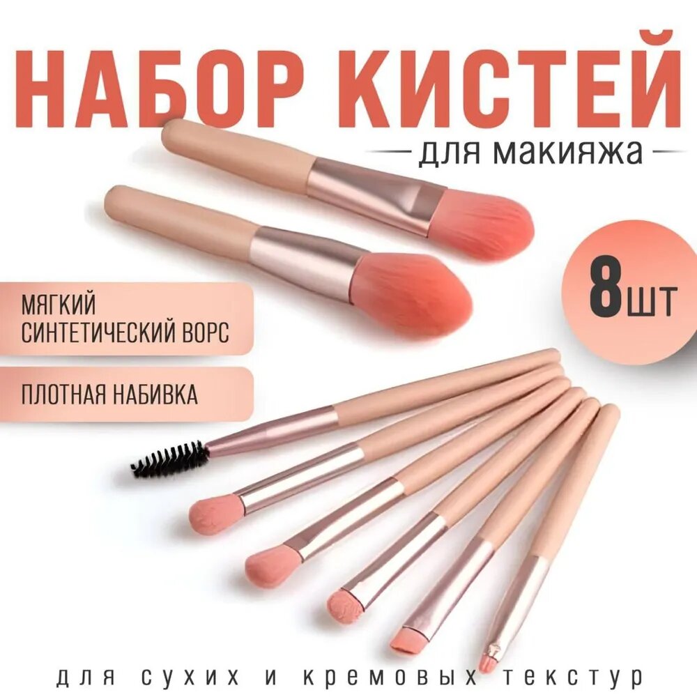 Кисти для макияжа. Набор кистей для макияжа, профессиональный розовый 8 штук, для пудры, румян, тонального крема, контуринга, консилера, бровей