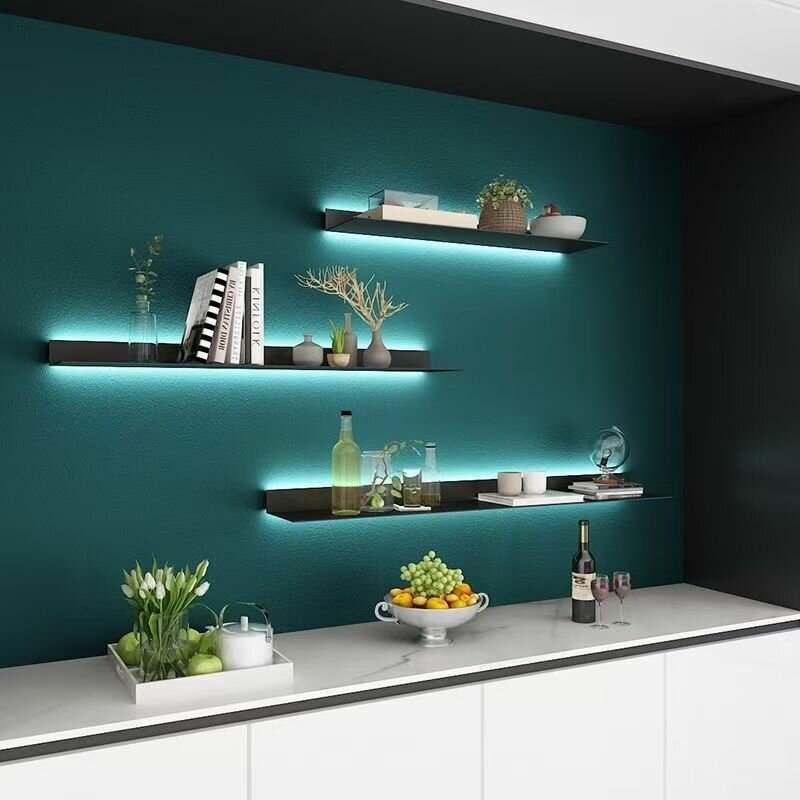 Плавающая подвесная полка с LED-освещением: кованый выставочный стенд для растений, книг, офиса и кухни