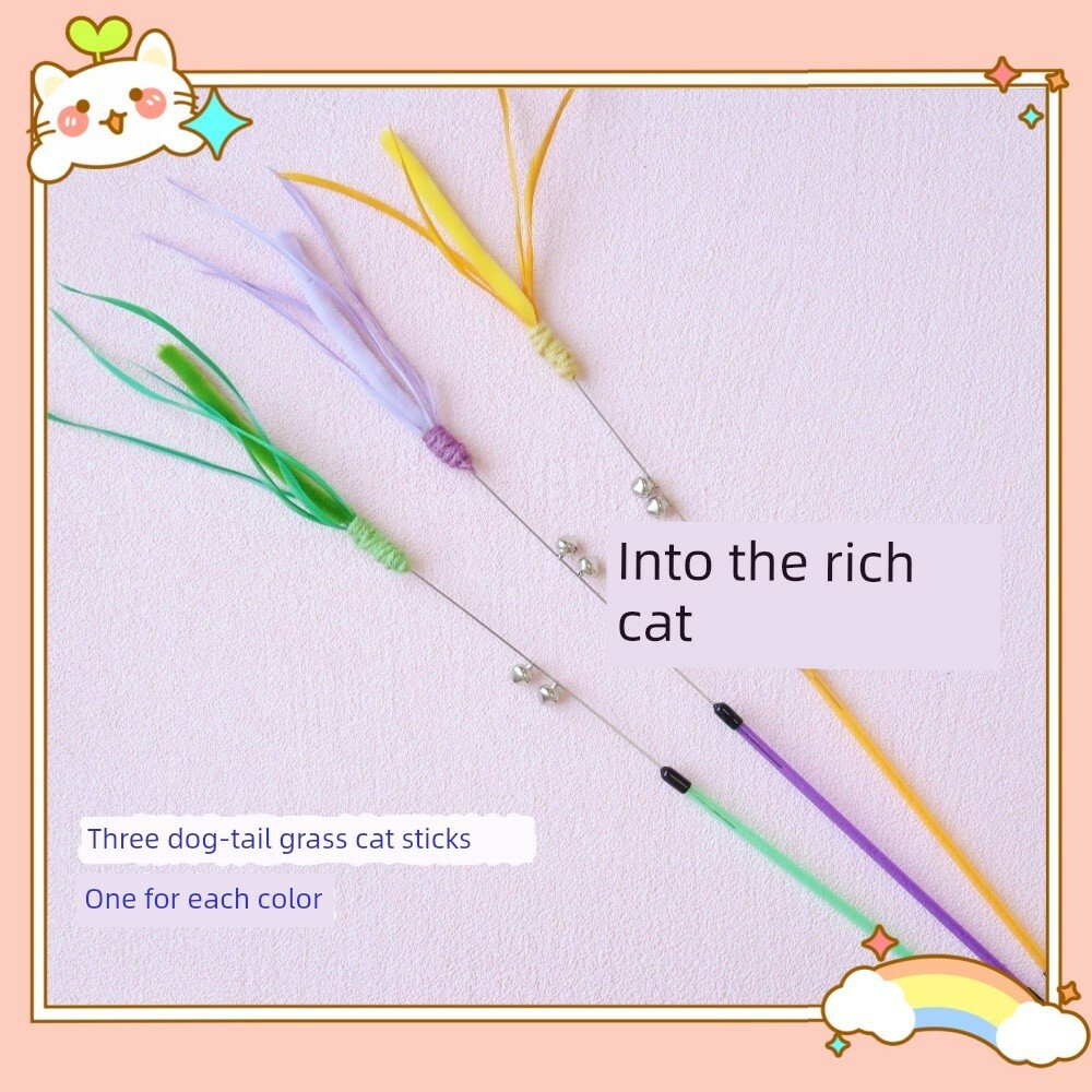 Три игрушки-погончики с травой псиного хвоста и колокольчиком, прочная палочка с кошачьим мятным запахом для игр, набор