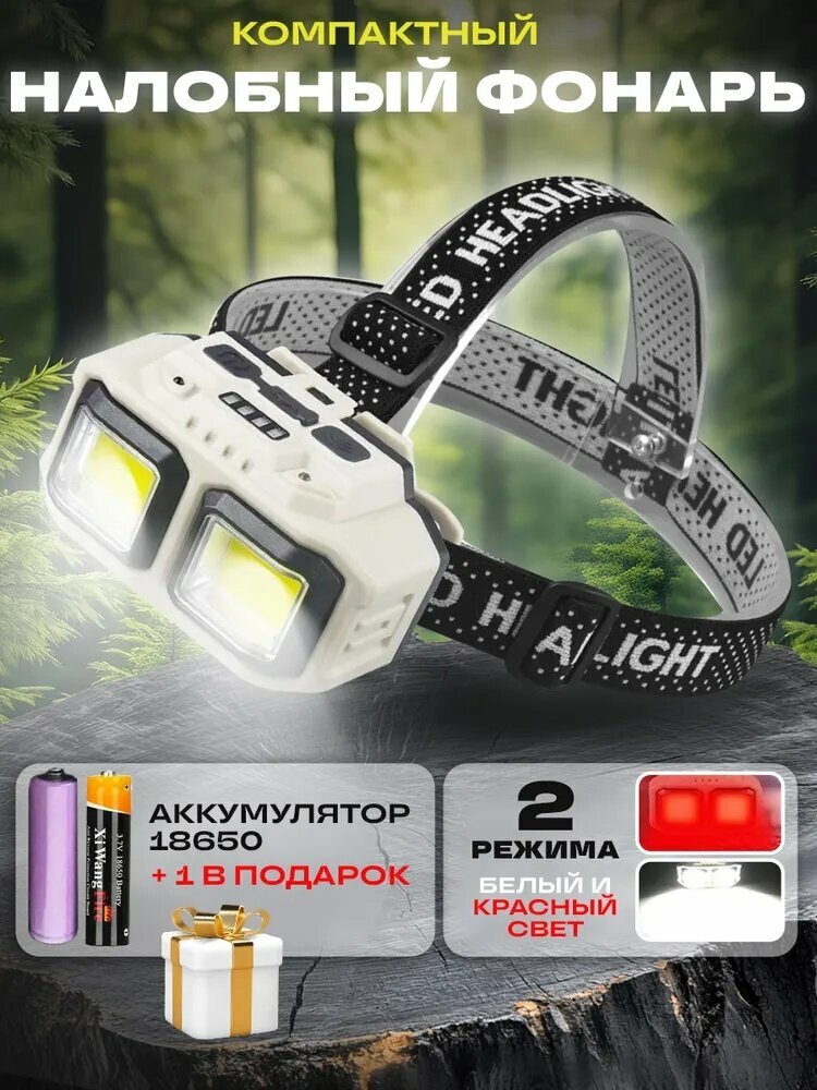 Фонарь налобный со сменным аккумулятором 18650 / Светодиодный фонарик с зарядкой USB / 2 вида света