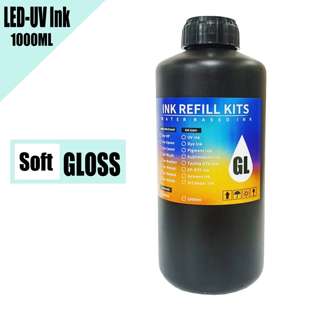 Краска полиграфическая Мягкий чернила . Чернила УФ для UV , 1000 ml , принтера Epson L1800 i3200 R330 L8050 L8025, совместимый, Прозрачный, 1 шт