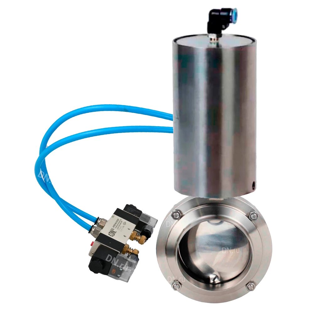 Затвор дисковый поворотный DN.ru 304-304-Sil-2W-W-H Ду50 Ру10 пищевая нержавеющая сталь 304, уплотнение - Silicon, с пневмоприводом DN.ru ПВП-85 и пневмораспределителем DN.ru PND1-S2EM-52-2-T10-220VAC