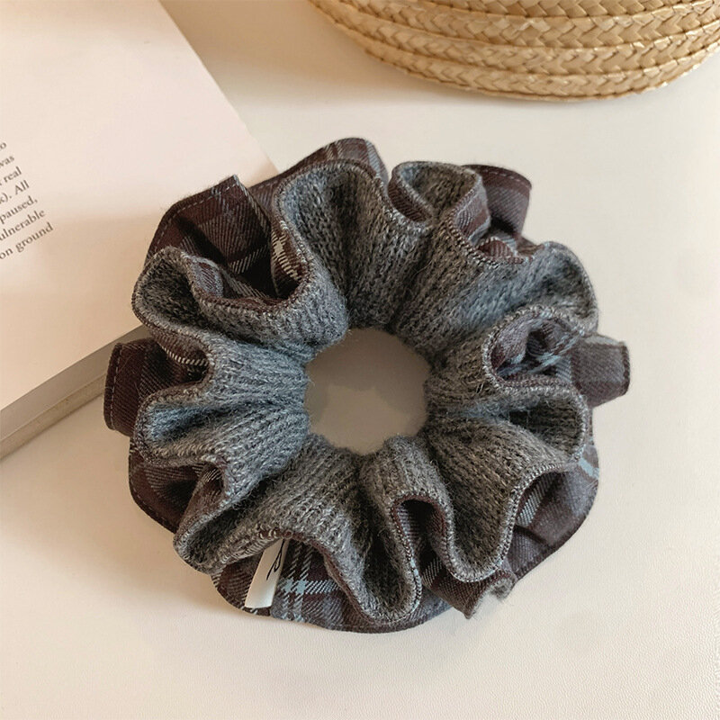 Корейский стиль, серый вязаный клетчатый двусторонний двуслойный скрамчи для женщин, резинка для волос, веревка для пучка, резинка для низкого хвоста