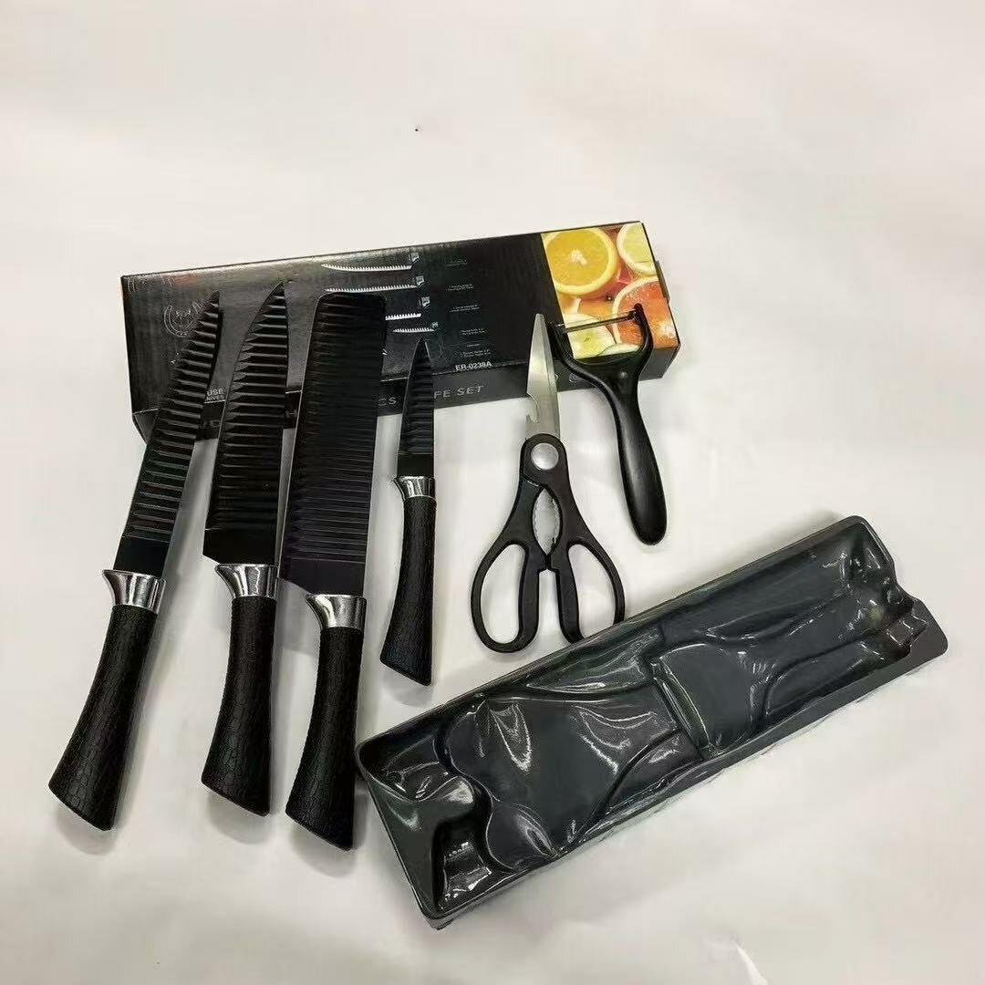 Горячая распродажа 238A Набор из шести ножей с черным волнообразным узором, антипригарные ножи для нарезки мяса, кухонный набор ножей