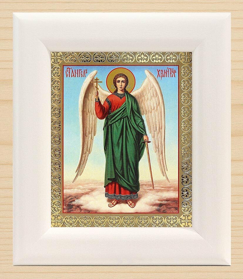 Ангел Хранитель (лик № 072), икона в широкой белой деревянной рамке 14,5*16,5 см