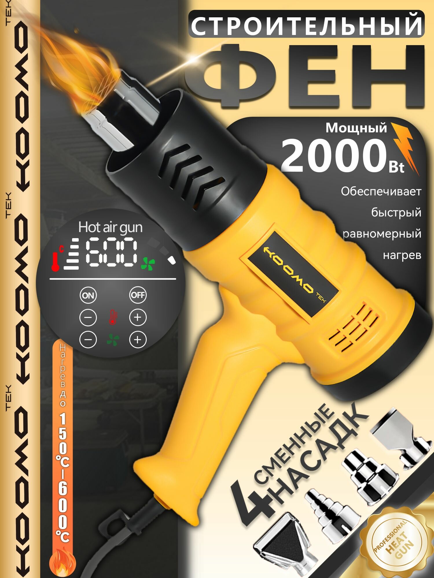 Строительный фен / Промышленный фен HOOMOTEK / Бесступенчатый термостат /2000 Вт/Ручная регулировка, 4 насадки с дисплеем(2 кВт, 250-500 л/мин, 150-600 градусов), профиссиональная серия