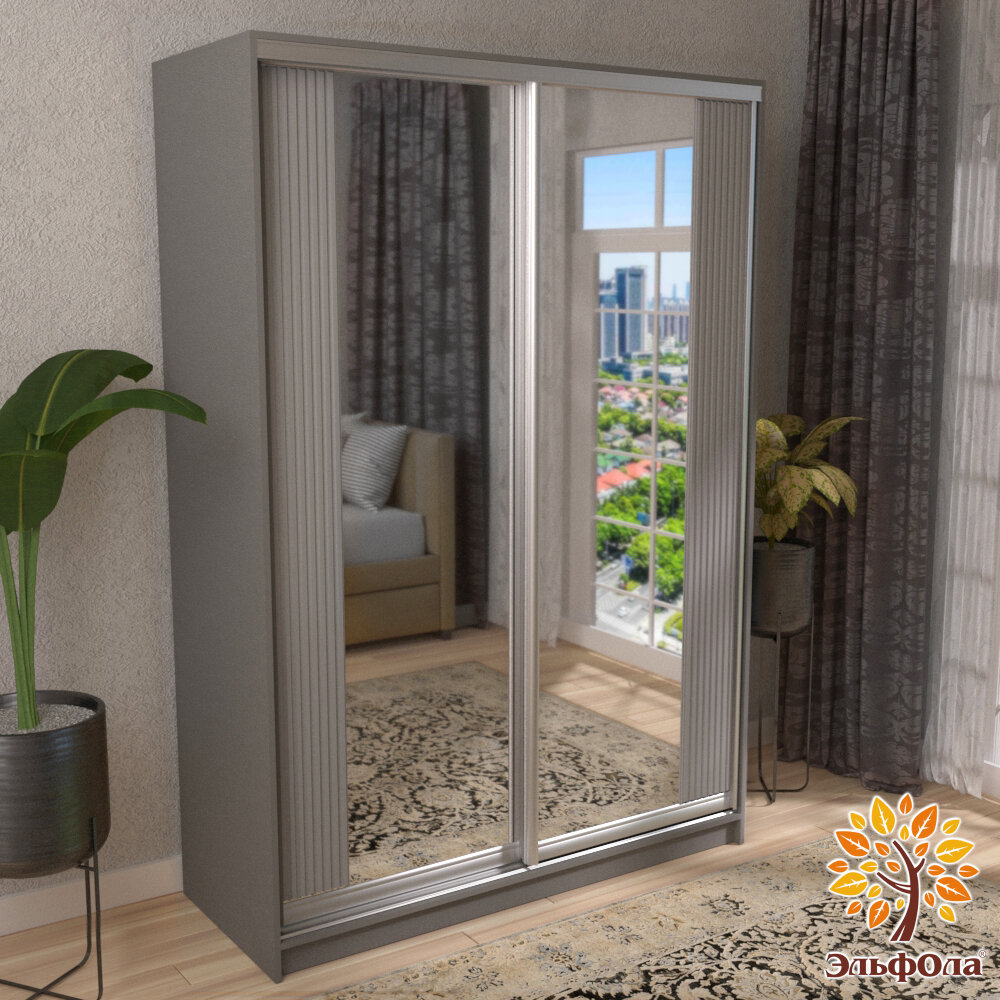 ЭльфОла Шкаф-купе "Вертикаль" 180х45х220 см, цвет серый/серебро/накладка лайт грей, с зеркалом, для одежды, двухдверный
