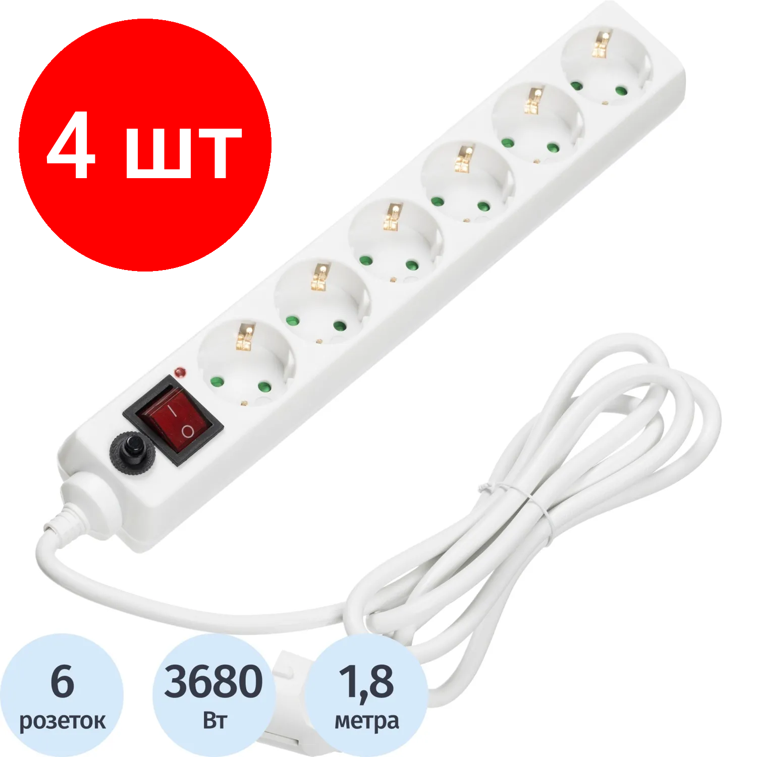 Комплект 4 штук, Сетевой фильтр BigTech CD6-1.8W15 (6р/1.8м/16А/3680 Вт 1.5мм белый)