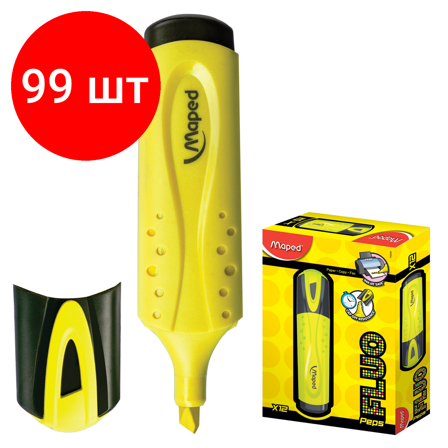 Комплект 99 шт, Текстовыделитель MAPED"Fluo Pep's Classic", желтый, линия 1-5 мм, 742534