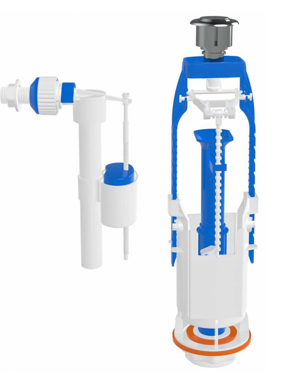 Арматура для бачка унитаза Aquanova 4126: боковая подводка 1/2, однорежимная кнопка хром и нержавеющий крепеж