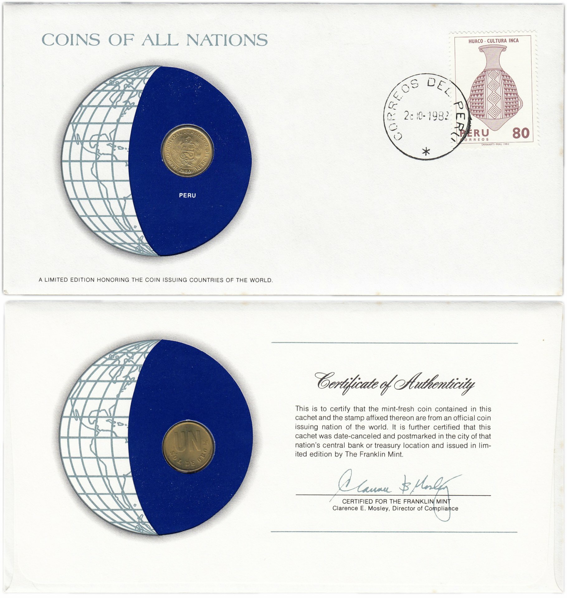 Серия "Монеты всех стран мира" - Перу 1 соль sol 1980 монета и 1 марка в конверте, Латунь, в сохранности XF