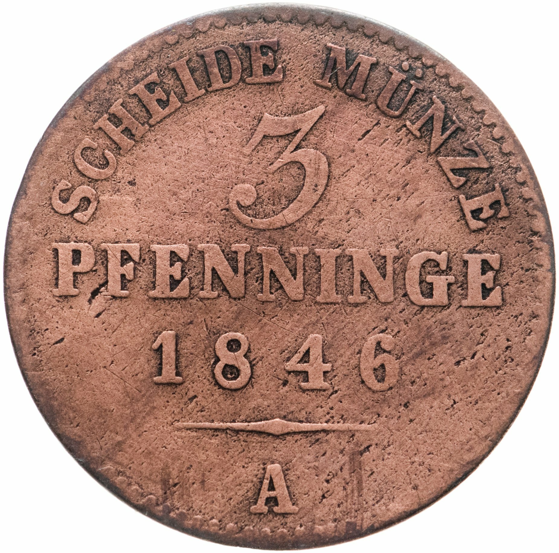Германия, Пруссия 3 пфеннига 1846, Медь, в сохранности F-VF
