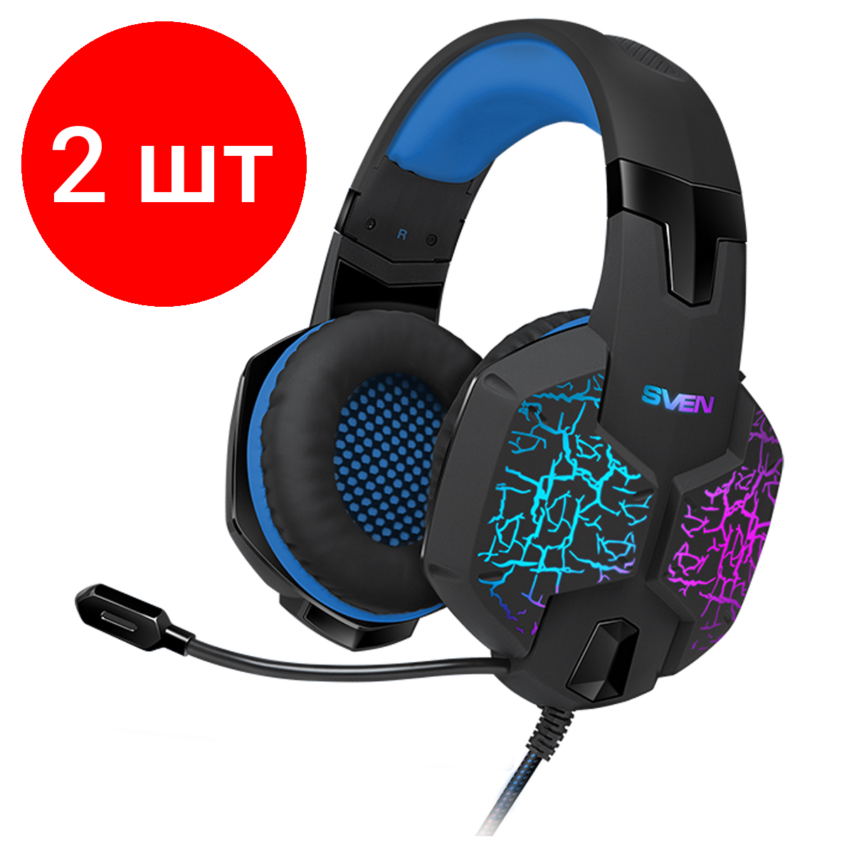 Комплект 2 шт, Наушники с микрофоном Sven AP-U980MV (с регулятором громкости), 2.2м, подсветка, подключение через USB, звук 7.1, черный,